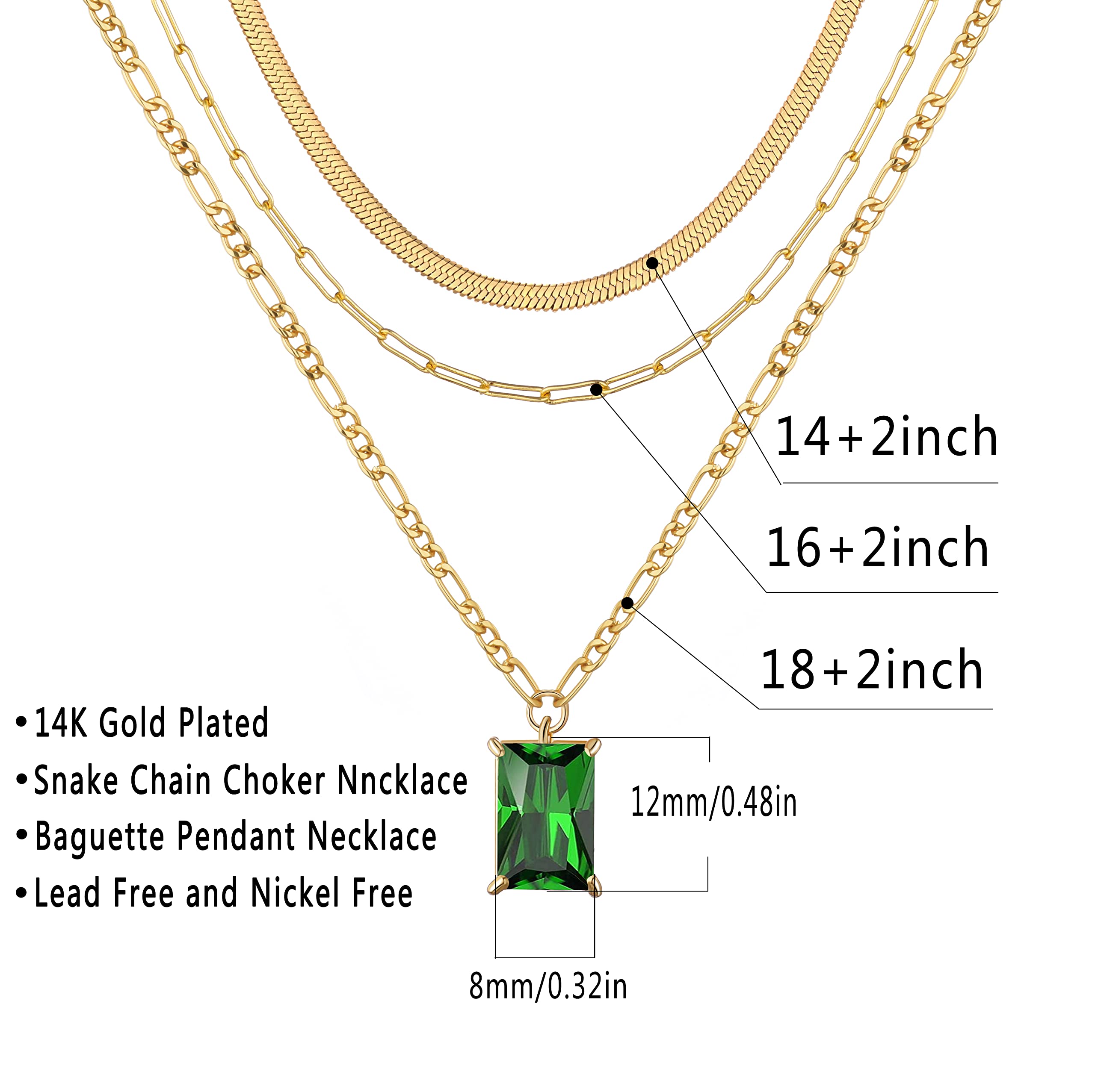 MOONLIT DEW 18K Gold Necklace for Women 3 Layered Necklaces for Women Choker CZ Emerald Birthstone Necklace for Women