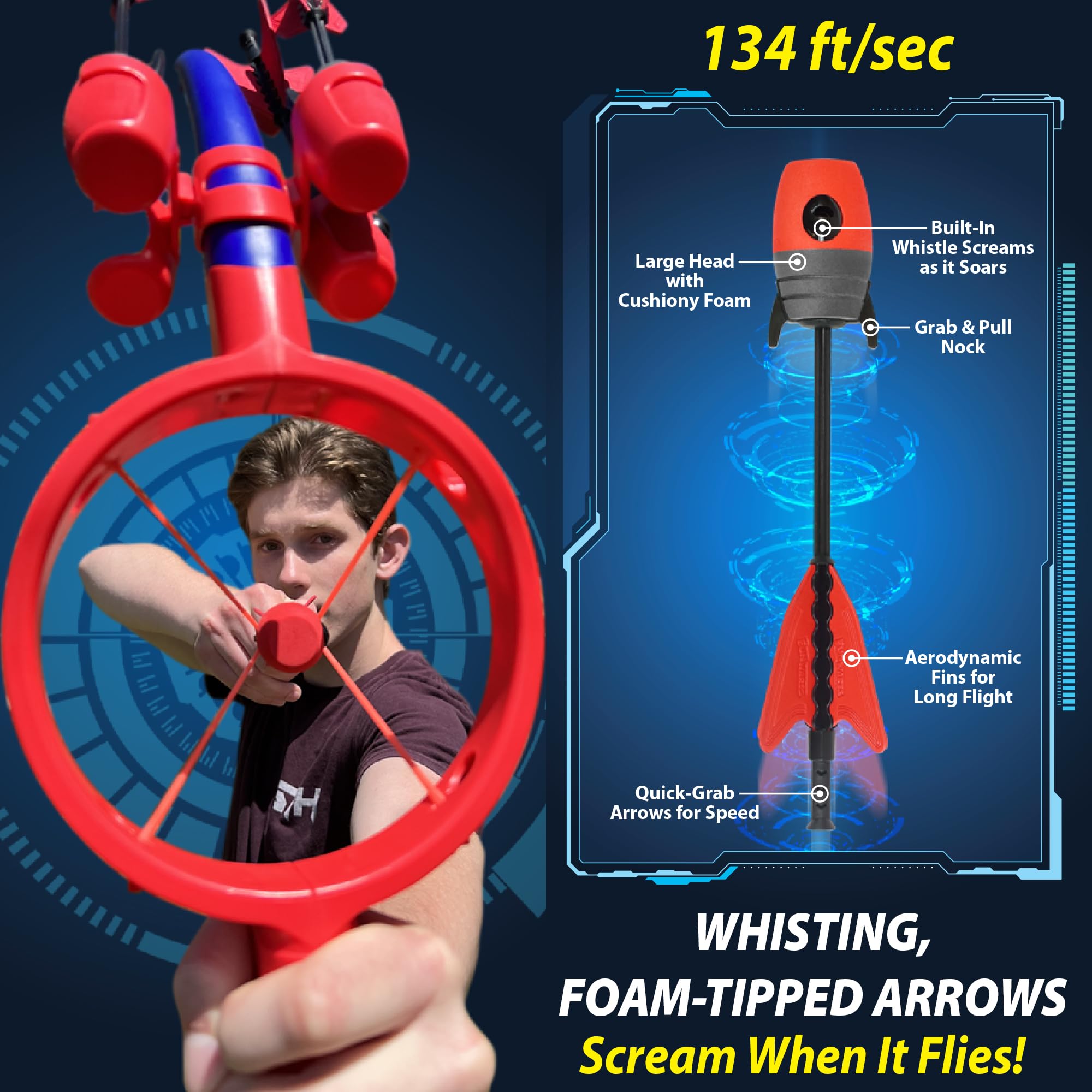 Funwares Ring Strike Archery Bow and Arrow Launches Arrows Over 200 Feet, includes 1 Kid-Powered Bow and 4 Whistling Foam Tipped Arrows