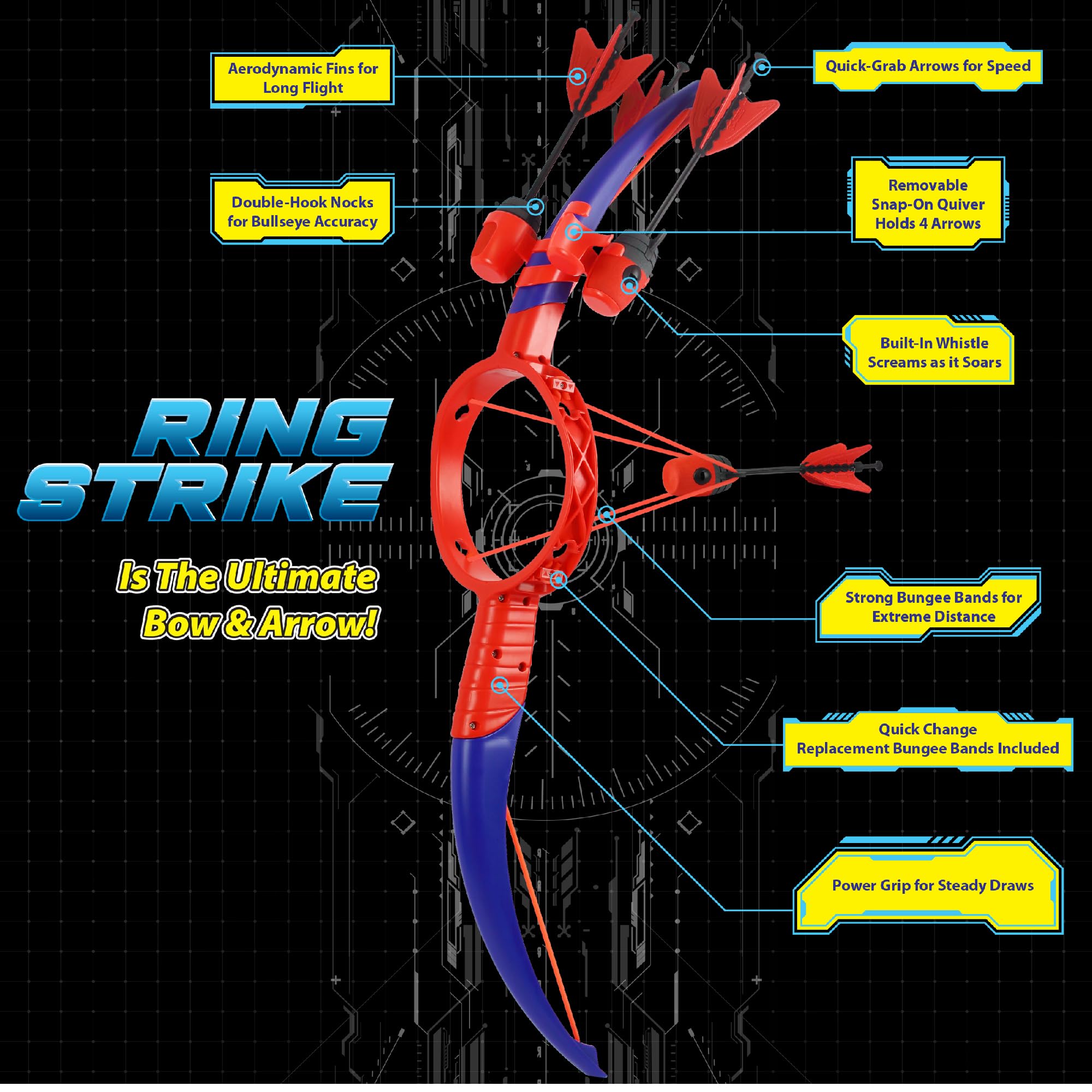 Funwares Ring Strike Archery Bow and Arrow Launches Arrows Over 200 Feet, includes 1 Kid-Powered Bow and 4 Whistling Foam Tipped Arrows