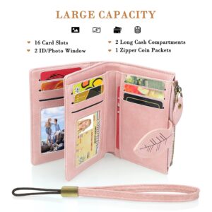 CONISY Small Wallet for Women, Compact Bifold Leather Wallet with Wristlet RFID Blocking Womens Wallet (Pink)