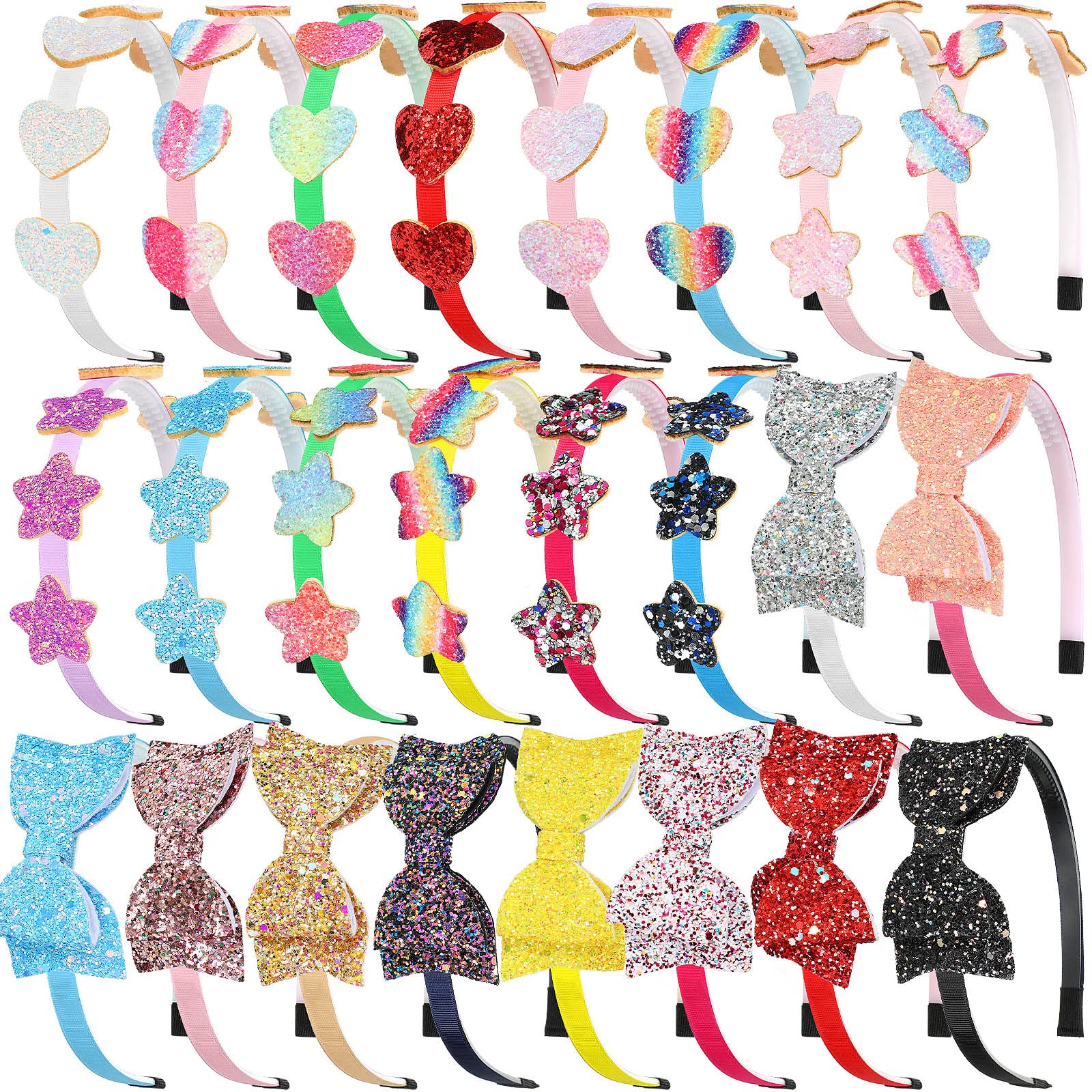 Janinka 24 Pcs Girls Glitter Headbands for Kids Bulk 3.5 Inch Sparkly Little Girl Headbands for Ages 4–6 Sequin Headband Non-slip Plastic Shiny Bow Headband with Teeth