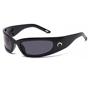 pegh wrap around sunglasses y2k trendy, fashion black sporty sun glasses moon décor shades