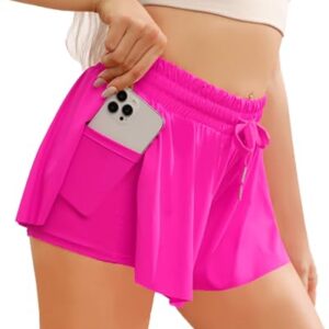 Wsirmet Flowy Shorts for Women Butterfly Shorts 2 in 1 Athletic Workout Gym Biker Running Shorts with Pockets BrightPink M