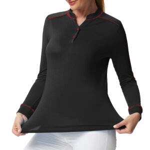 Women's UPF 50+ Golf Polo Shirts Collarless Long Sleeve Tennis Shirt Lightweight Quick Dry Athletic Tops(Black,S)