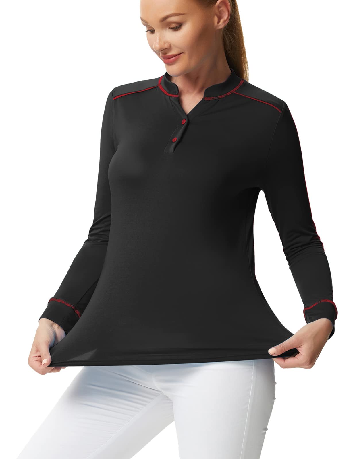 Women's UPF 50+ Golf Polo Shirts Collarless Long Sleeve Tennis Shirt Lightweight Quick Dry Athletic Tops(Black,S)