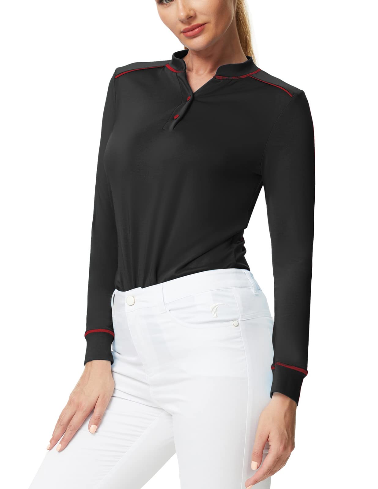 Women's UPF 50+ Golf Polo Shirts Collarless Long Sleeve Tennis Shirt Lightweight Quick Dry Athletic Tops(Black,S)