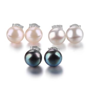 zhencai 3 pairs freshwater pearl stud earrings for women s925 sterling silver june birthstone studs rhodium plated classic style fine jewelry for birthday mother's day (white+black+pink)