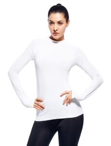 moisture wicking shirts for women long sleeve mock neck with thumb holes(white,xl)