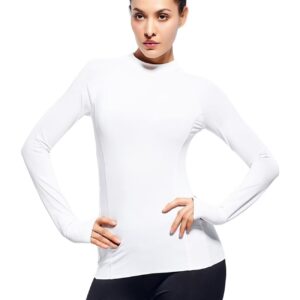 Moisture Wicking Shirts for Women Long Sleeve Mock Neck with Thumb Holes(White,XL)