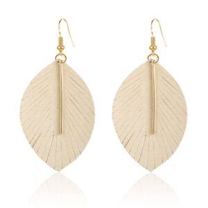 gbahfy feather leather layered fringe earrings for women boho genuine leather leaf tassel dangle statement earrings bohemian hypoallergenic lightweight drop earring with metal bar nickel free (beige)