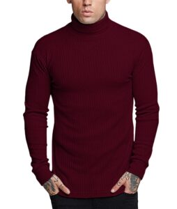 amussiar men's slim fit base layer shirts casual ribbed tops thermal turtleneck pullover sweater wine red