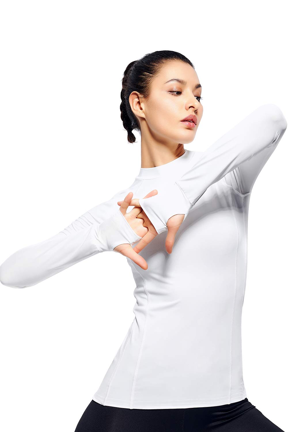 Moisture Wicking Shirts for Women Long Sleeve Mock Neck with Thumb Holes(White,XL)