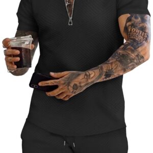 URRU Men's Polo Shirt and Shorts Set Summer Outfits Fashion Casual Short Sleeve Polo Suit for Men 2 Piece Short Set Black XL