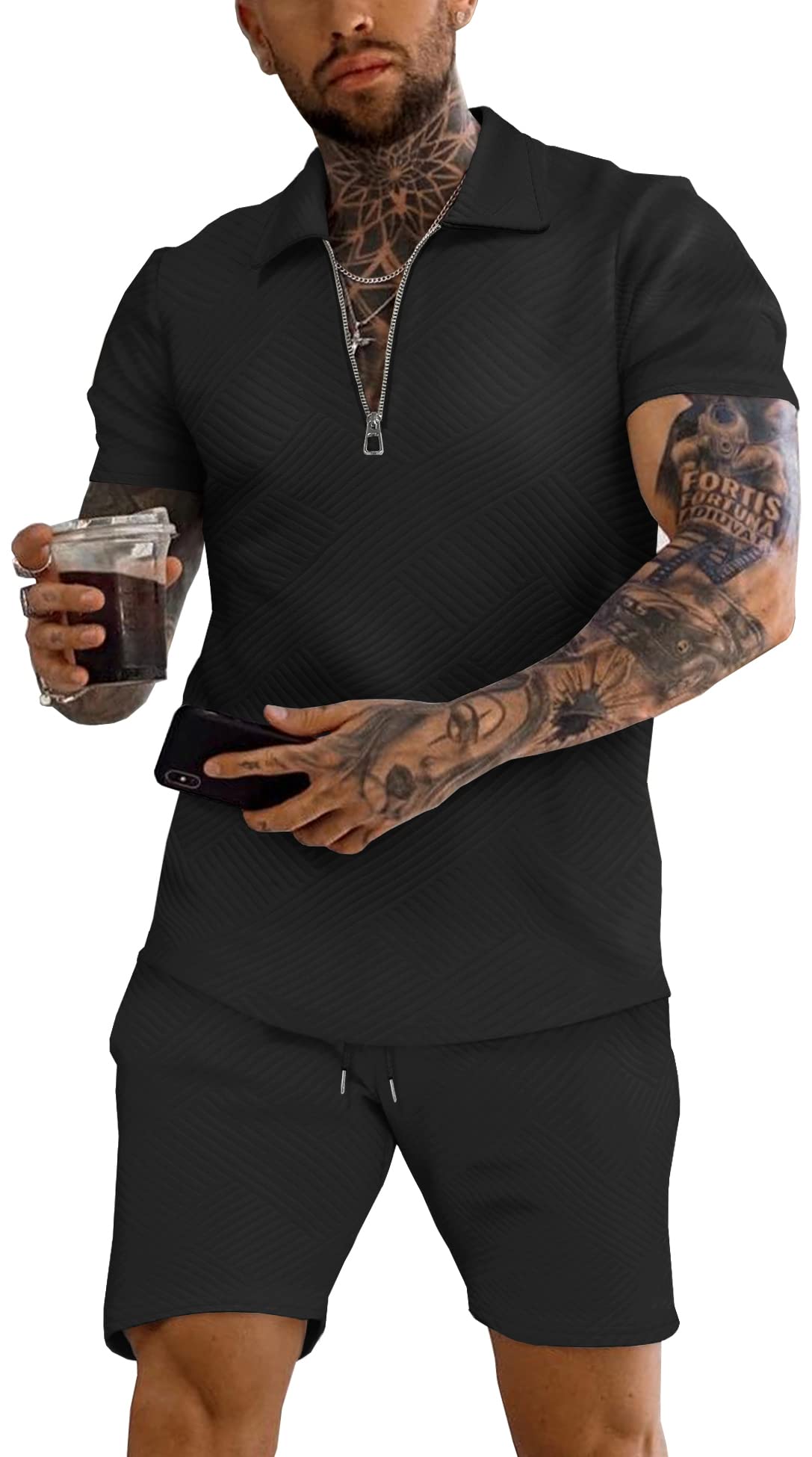 URRU Men's Polo Shirt and Shorts Set Summer Outfits Fashion Casual Short Sleeve Polo Suit for Men 2 Piece Short Set Black XL