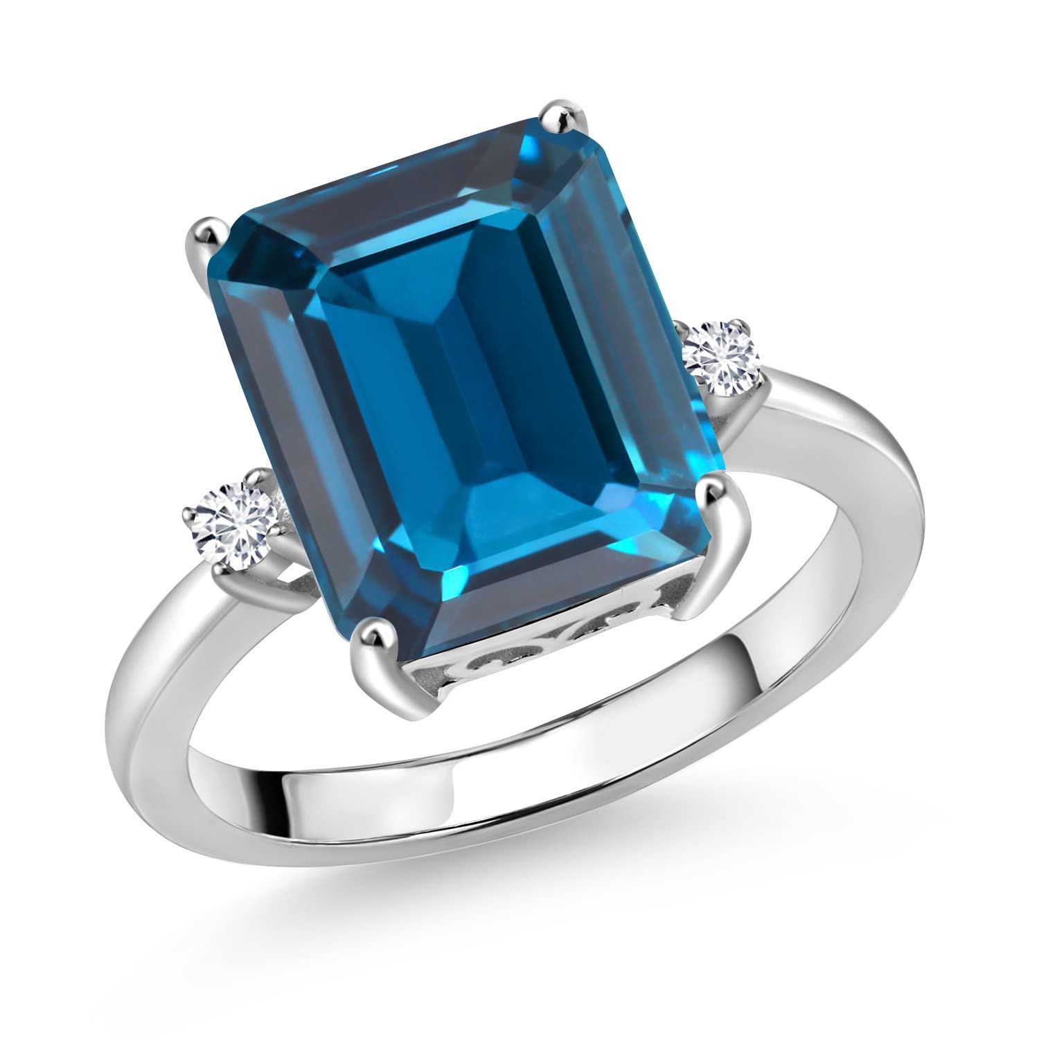 Gem Stone King 7.58 Cttw 12X10MM London Blue Topaz and 2MM White Lab Grown Diamond 3 Stone Engagement Ring For Women In 925 Sterling Silver | Gemstone Birthstone | Size 5,6,7,8,9