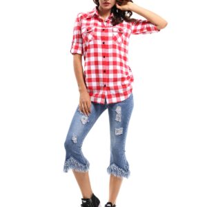 OCHENTA Women's Roll Up Sleeve Button Down Plaid Flannel Shirt Fall Casual Tops M042 Red White M