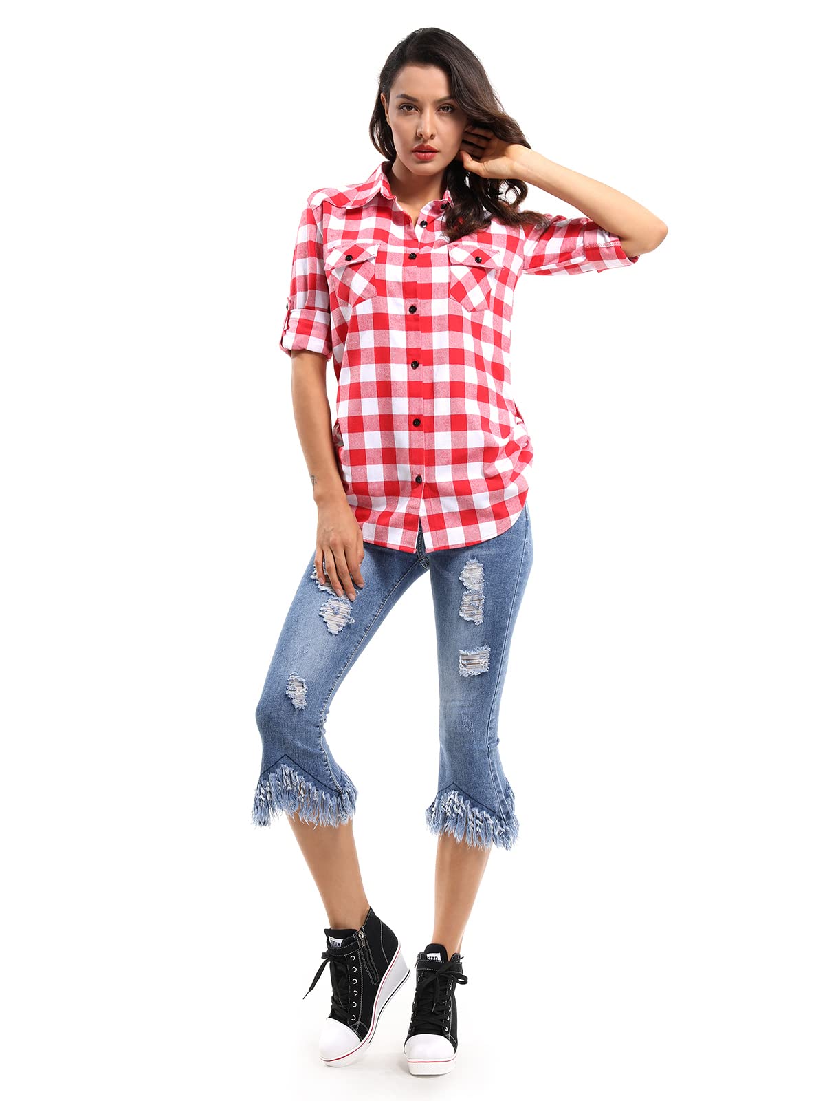 OCHENTA Women's Roll Up Sleeve Button Down Plaid Flannel Shirt Fall Casual Tops M042 Red White M