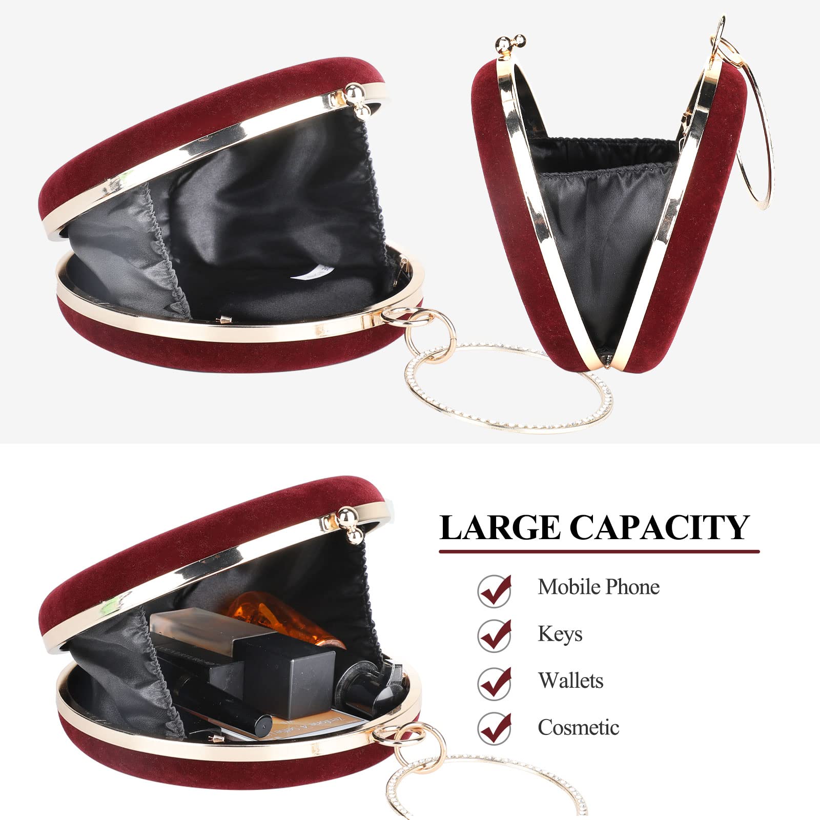 Selighting Round Velvet Clutch Purses for Women Evening Bags Formal Wedding Purse Prom Cocktail Party Clutch Hand Bag Burgundy