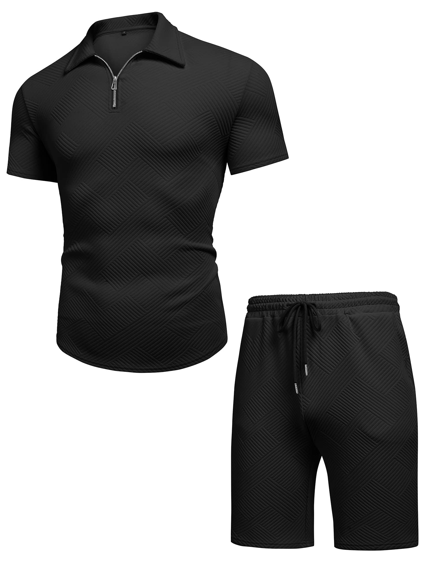 URRU Men's Polo Shirt and Shorts Set Summer Outfits Fashion Casual Short Sleeve Polo Suit for Men 2 Piece Short Set Black XL