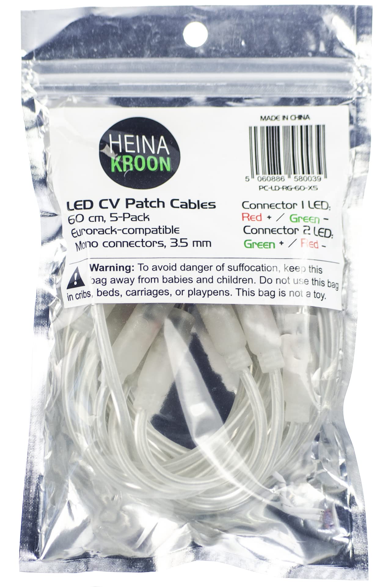 Heinakroon LED CV Patch Cables Eurorack Modular Test Leads, 5-Pack (23.6"), Transparent