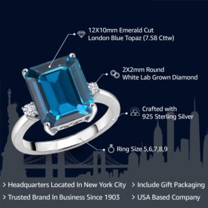 Gem Stone King 7.58 Cttw 12X10MM London Blue Topaz and 2MM White Lab Grown Diamond 3 Stone Engagement Ring For Women In 925 Sterling Silver | Gemstone Birthstone | Size 5,6,7,8,9