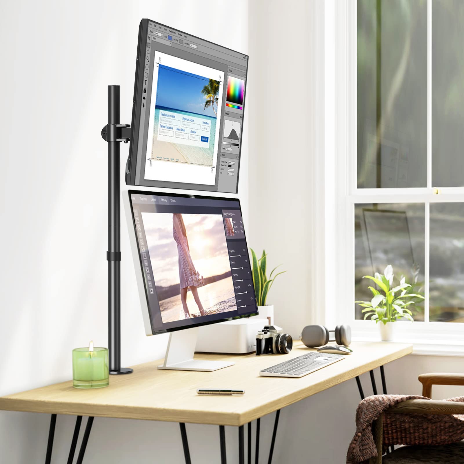 MOUNTUP Single Monitor Desk Mount, Tall Monitor Stand for 13-32 Inch Screen, Fully Adjustable Computer Desk Mount, Articulating Monitor Arm, VESA Mount with Clamp/Grommet Mounting Base, up to 17.6lbs