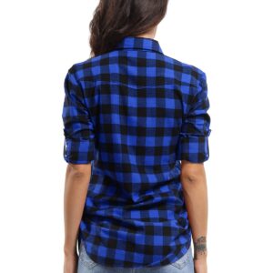 OCHENTA Women's Roll Up Sleeve Button Down Plaid Flannel Shirt Fall Casual Tops D005 Blue Black XS