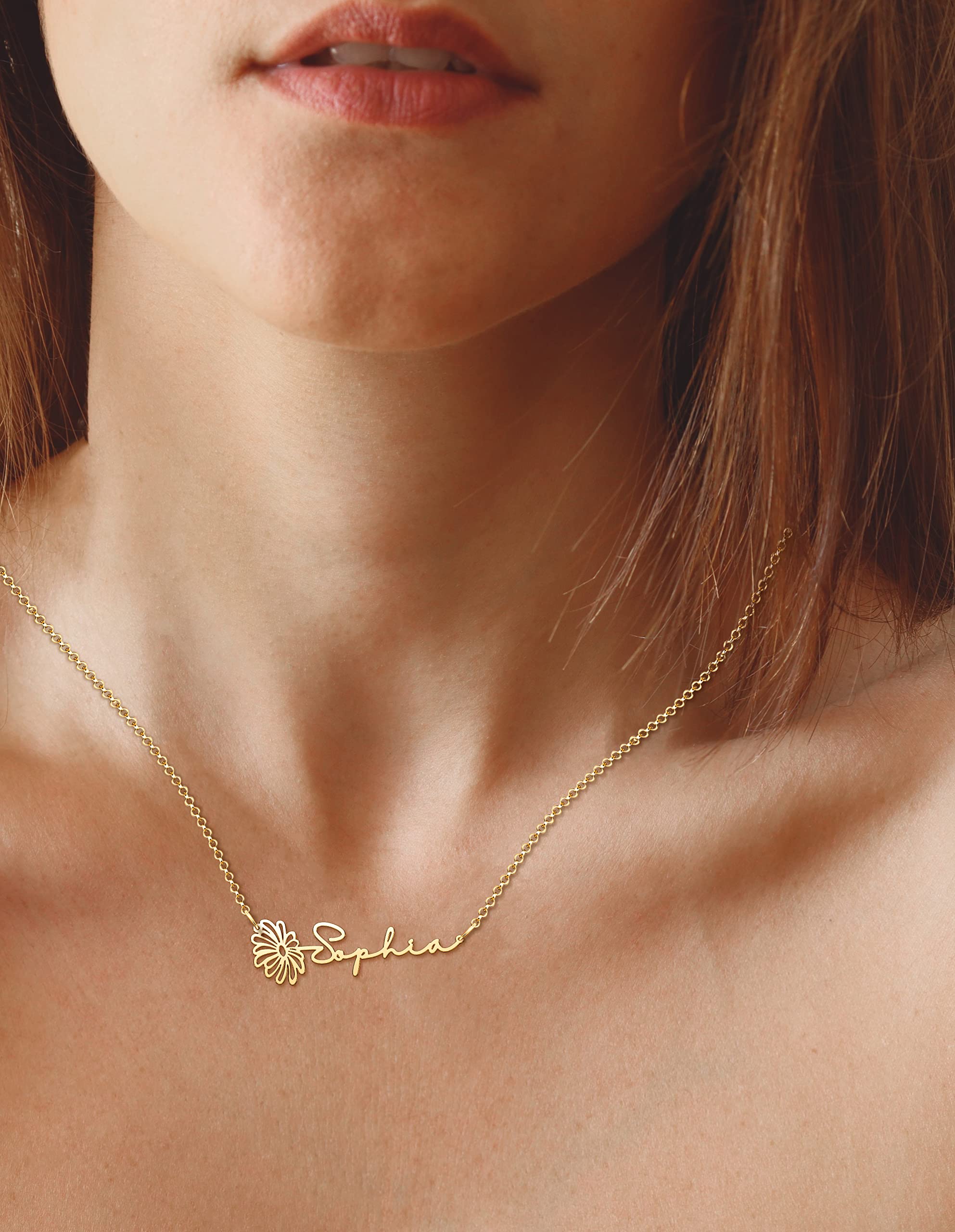 Infinite Memories 18K Gold Plated Dainty Birth Flower Name Necklace Personalized Custom Necklace with Name Flower Wishes Customized Necklace Birthday Gifts for Women