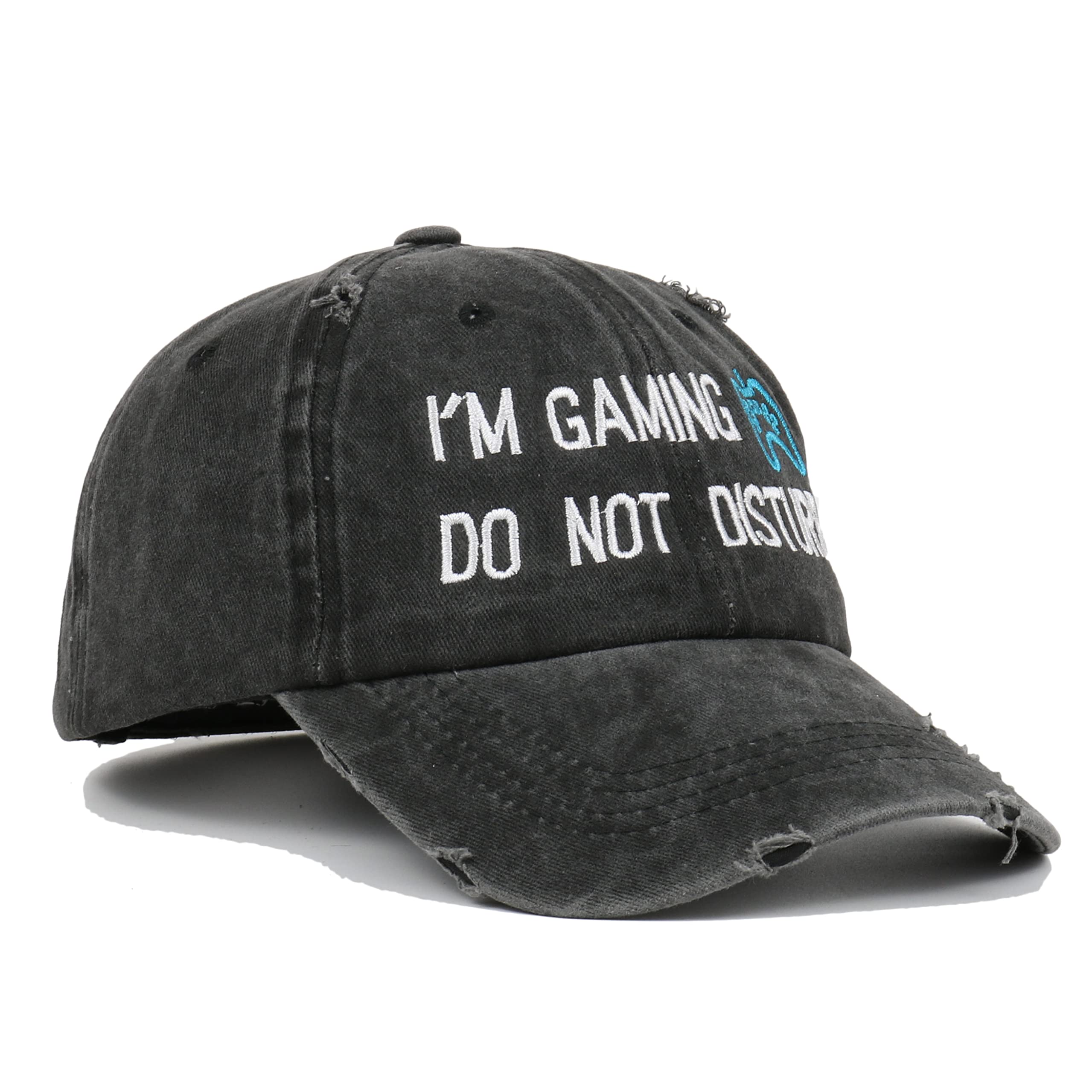 Retro wash Embroidered Baseball Cap Do Not Disturb I'm Gaming Hat Lady with Ponytail Men's Adjustable Cap (Black with Horsetail)