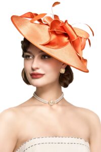 babeyond derby hats for women - fascinators tea party hats headband wide brim fascinator wedding cocktail flower feathers orange