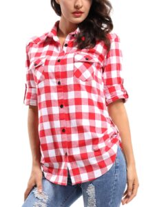 ochenta women's roll up sleeve button down plaid flannel shirt fall casual tops m042 red white m