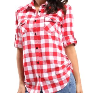 OCHENTA Women's Roll Up Sleeve Button Down Plaid Flannel Shirt Fall Casual Tops M042 Red White M