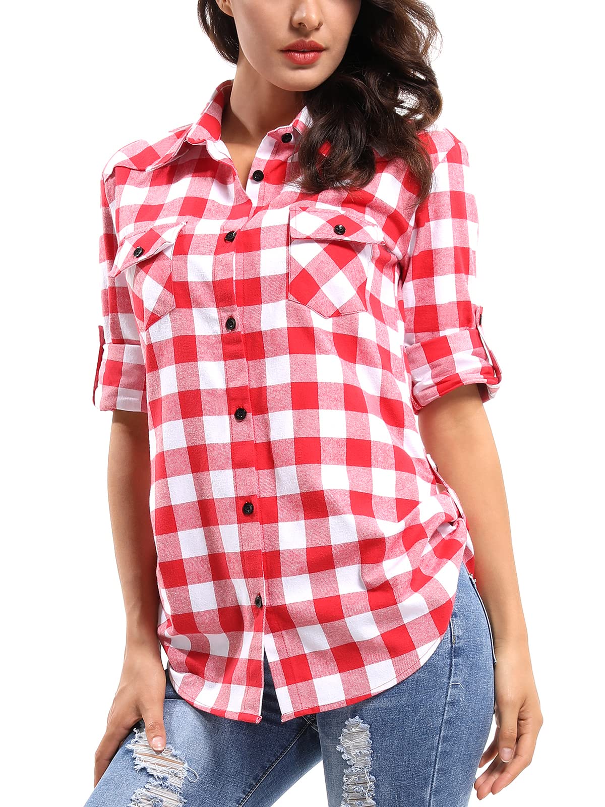 OCHENTA Women's Roll Up Sleeve Button Down Plaid Flannel Shirt Fall Casual Tops M042 Red White M