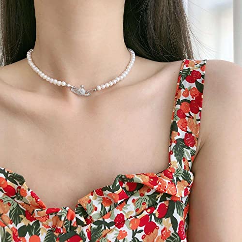 FENLDY Silver Faux Planet Saturn Pearl Necklace for Women Jewelry, Fake Pearl Collar Rhinestone Pendant a Y Necklace Men with Charm for Jewelry Ladies' Wedding Pearl Bead Chain Crystal Choker