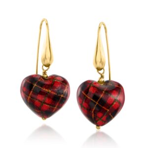 ross-simons italian murano glass tartan heart drop earrings in 18kt gold over sterling