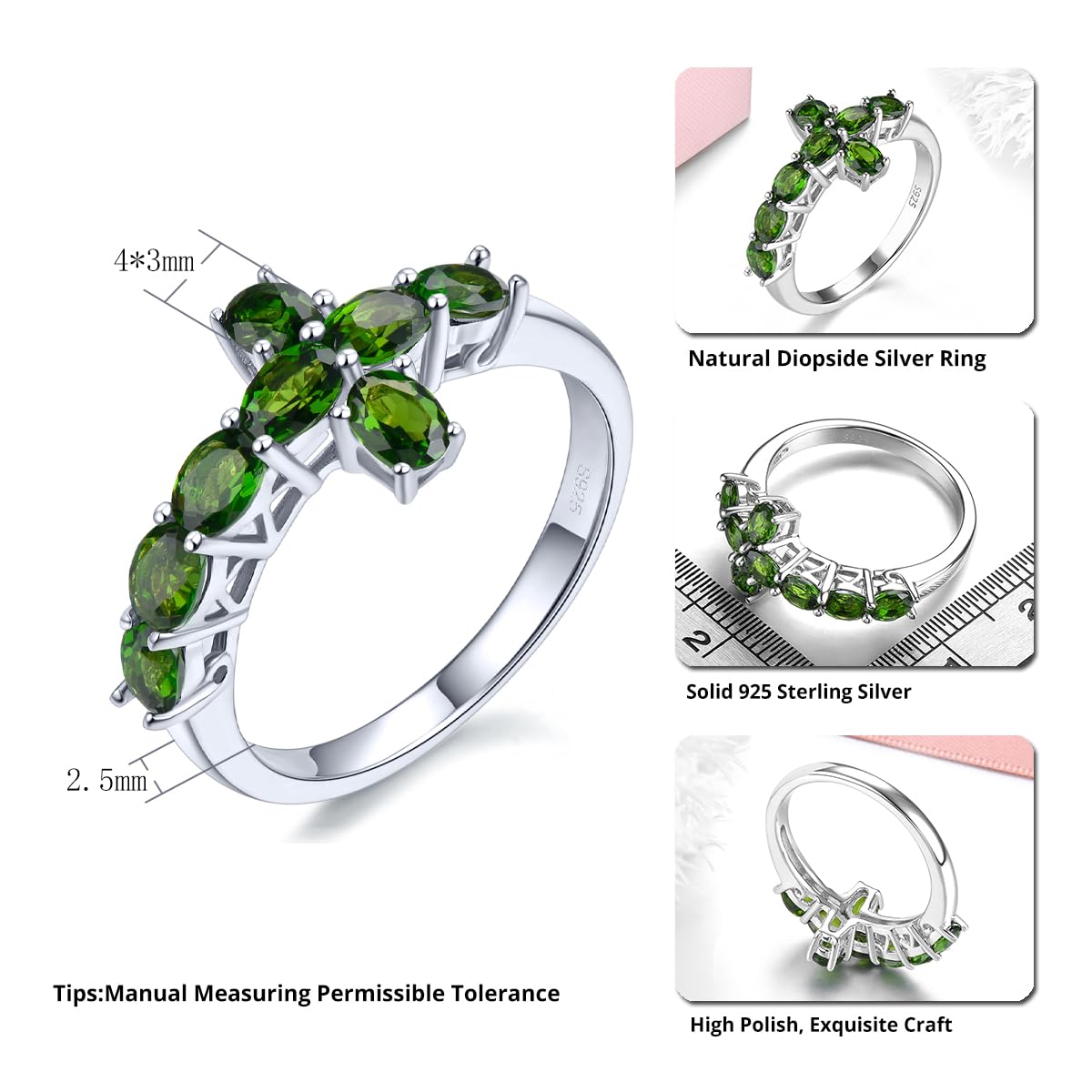 ZhenCai Cross Rings for Women Sterling Silver 925 Setting Natural Gemstone Chrome Diopside Eternity Ring Rhodium Plated Classic Style Fine Jewelry Birthday Gifts for Her (Dark Green, US Size 8)