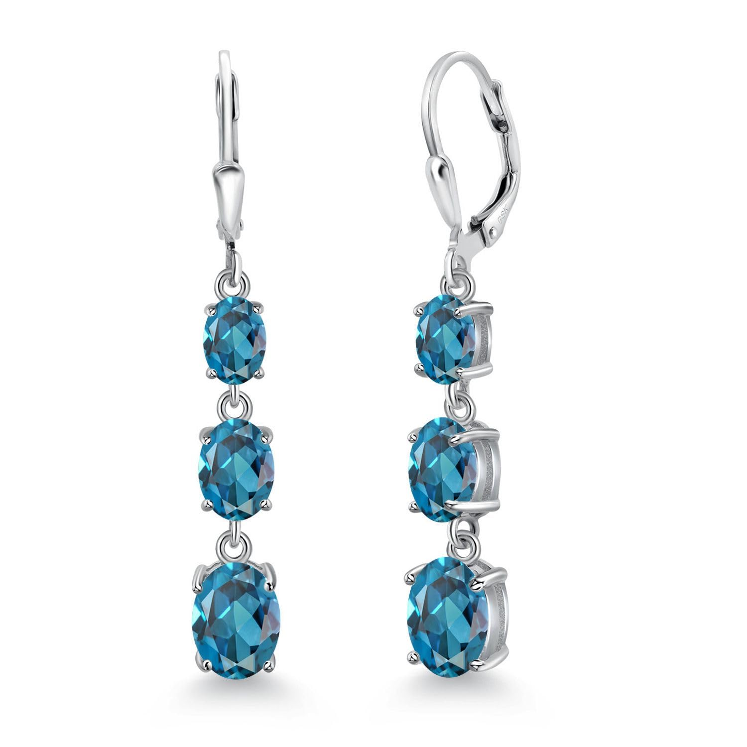 Gem Stone King 925 Sterling Silver Gemstone Birthstone 3-Stone Drop Dangle Earrings | Oval 8X6MM 7X5MM and 6X4MM | Three Stone Leverback Earrings For Women