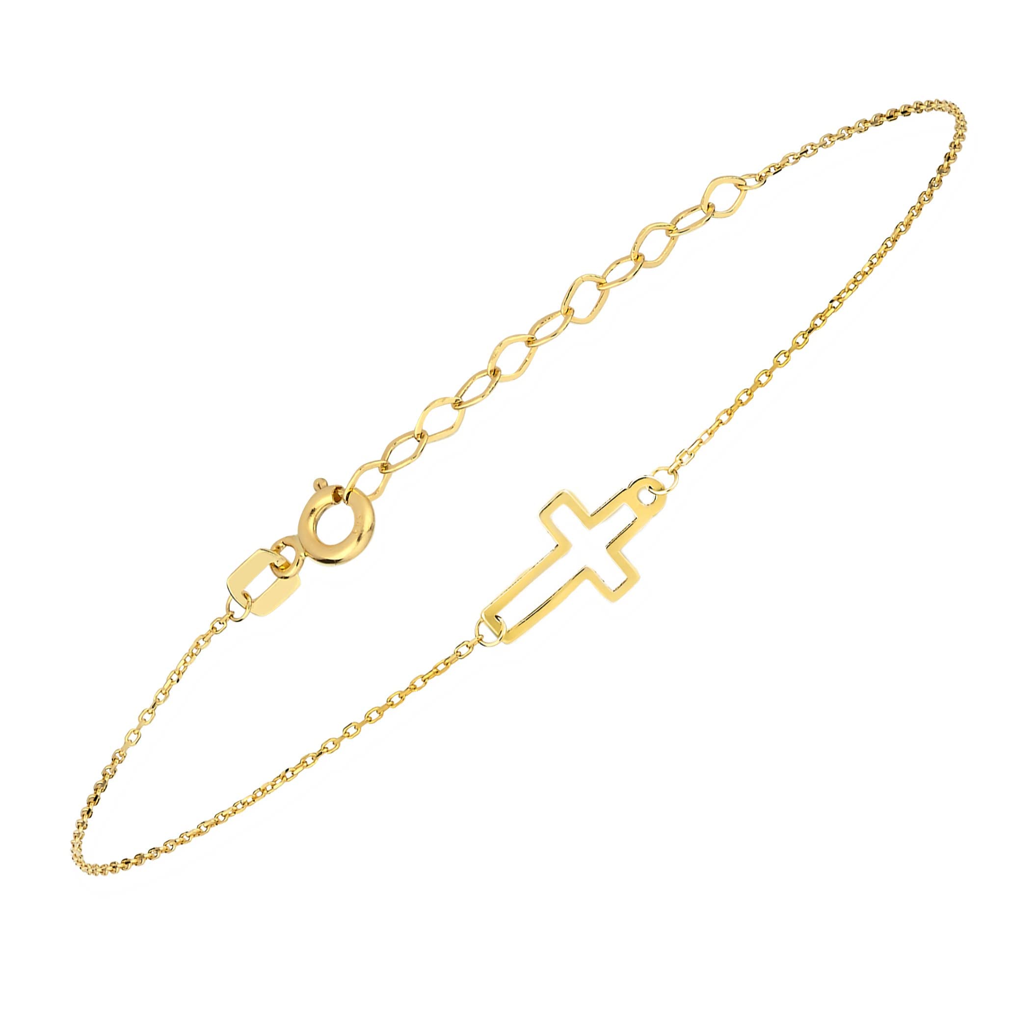 MIONZA 14k Solid Gold Cross Bracelet for Women, Bracelets, Real Gold Sideways Adjustable Cross Bracelet, Gold Plated Bracelet for Women, Christian Baptism Gift