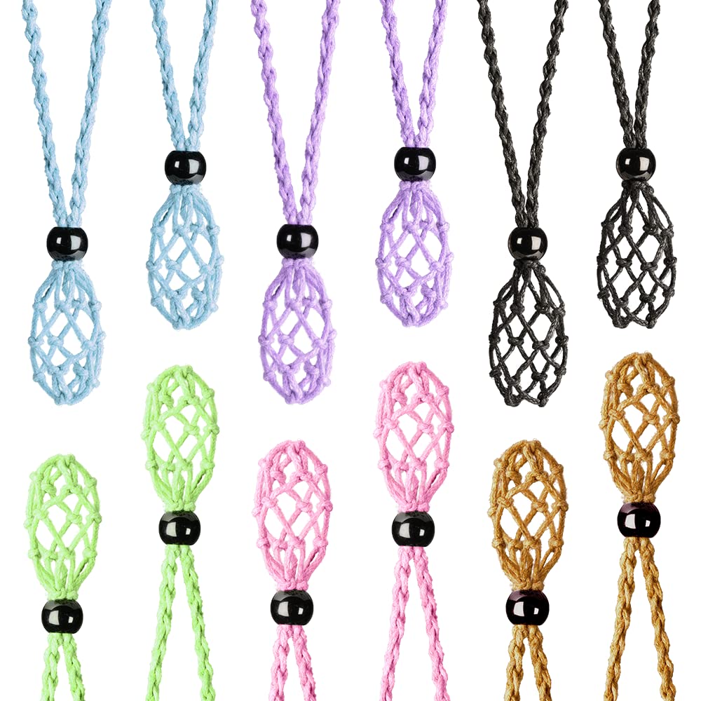 weryerker 12 PCS Crystal Necklace Cord Empty Stone Holder 1.57“ Rope Hand-Woven Necklace Cord with Adjustable for Stone Necklace DIY Bracelet (Black + Blue + Green + Purple + Pink + Coffee)