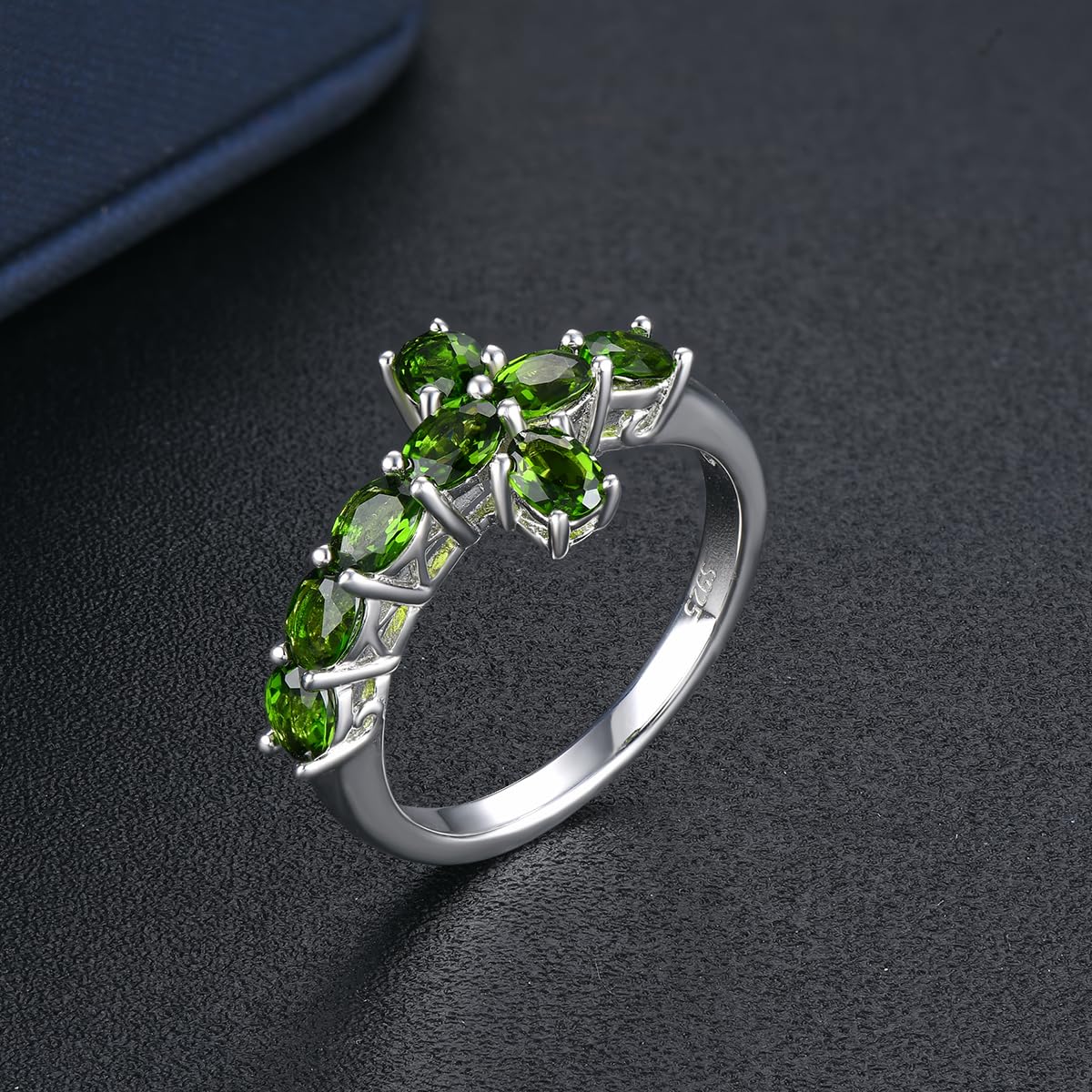 ZhenCai Cross Rings for Women Sterling Silver 925 Setting Natural Gemstone Chrome Diopside Eternity Ring Rhodium Plated Classic Style Fine Jewelry Birthday Gifts for Her (Dark Green, US Size 8)