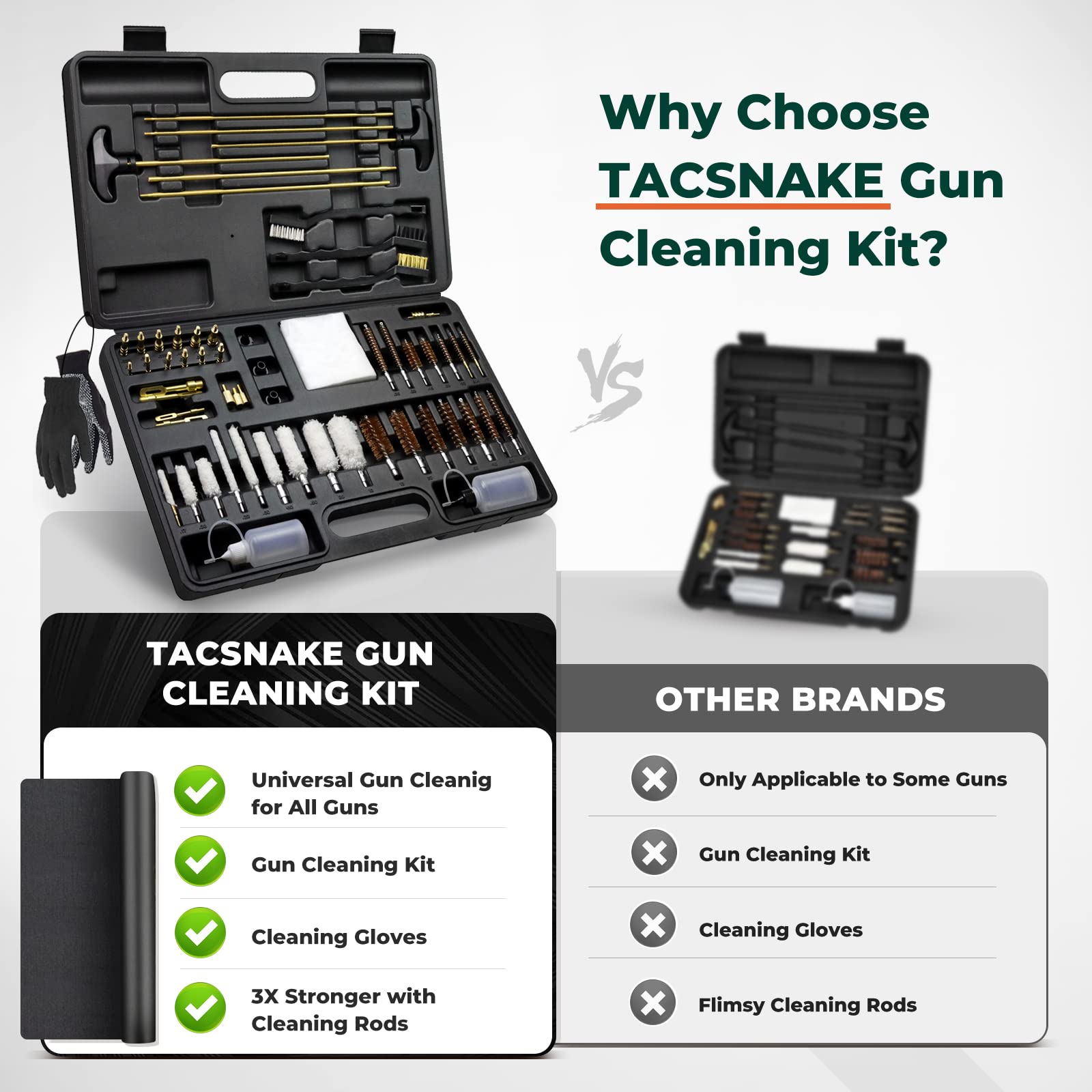 TacSnake Universal Gun Cleaning Kit Hunting Handgun Shot Gun Cleaning Kit for All Guns with Case Travel Size Portable Metal Brushes (Black Case - Brass jags & Loops)