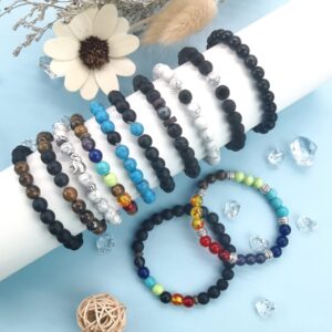 FIRAZIO 14Pcs Black Lava Stone 7 Chakra Bracelets 8mm Yinyang Rock Bead Elastic Bracelet Crystals Stones Bracelets Yoga Beaded Bracelets Essential Oil Diffuser for Men Women Jewelry