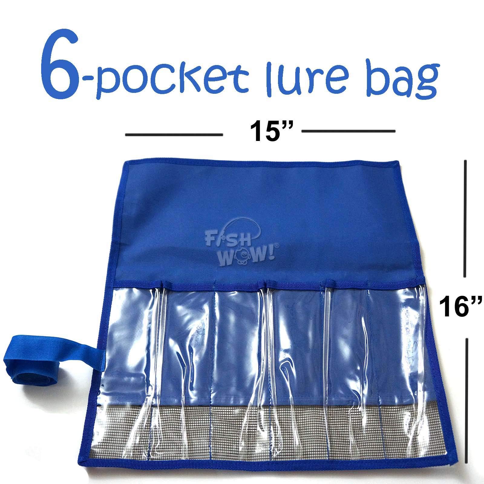 Fish WOW! 5pcs 16" by 15" Fishing 6-Pocket Roll-up Trolling TACKLE Storage Jig bait Lures Bags - Blue