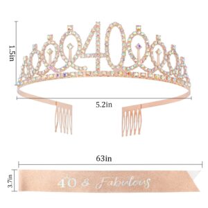 40th Birthday Sash & Rhinestone Crown Kit- Happy 40th Birthday Gifts Women 40th birthday decorations women (AB rose gold)