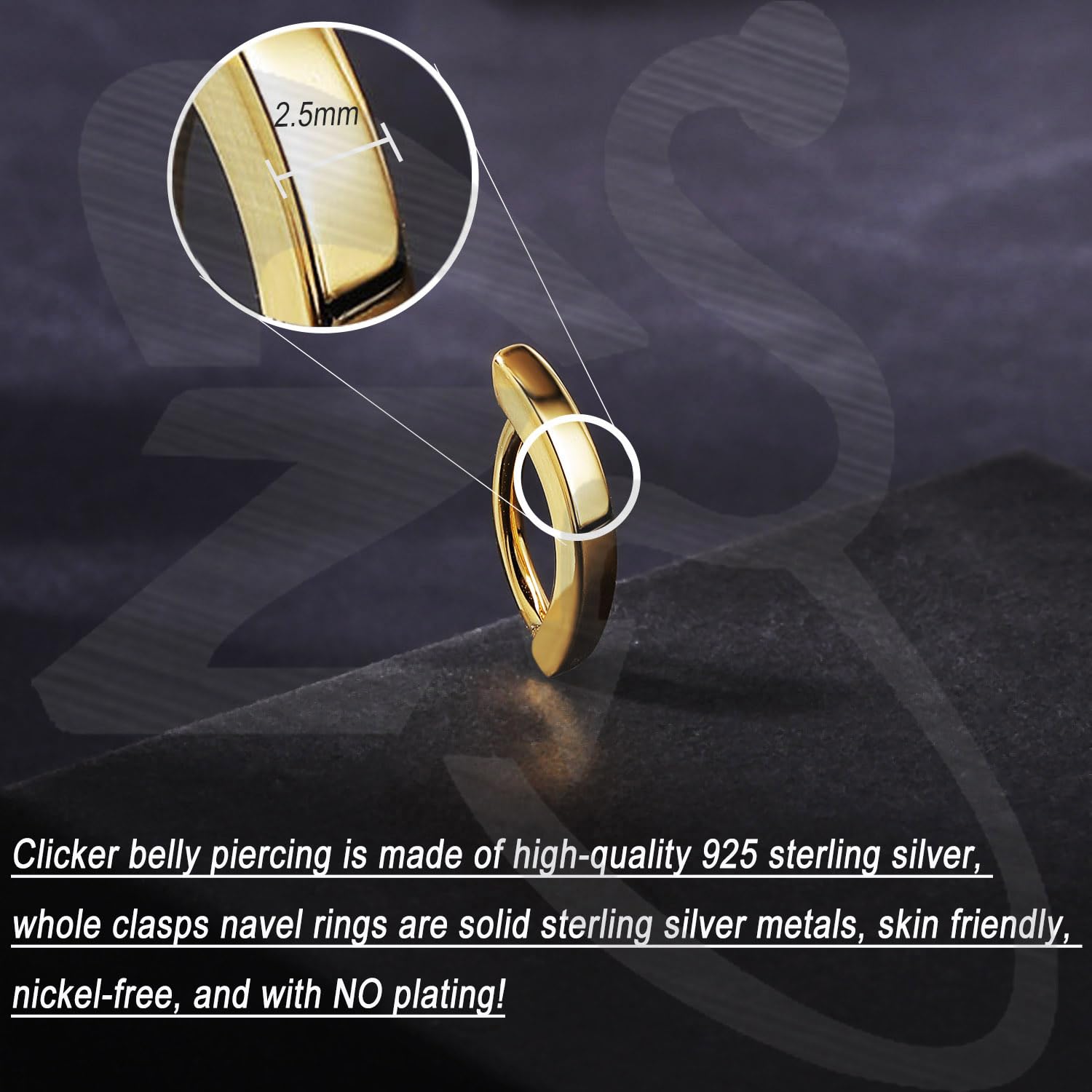 ZS 14G Clicker Belly Button Rings for Women, 925 Sterling Silver Belly Barbell Piercing Gold Reverse Curved Navel Barbell Body Jewelry (10mm)