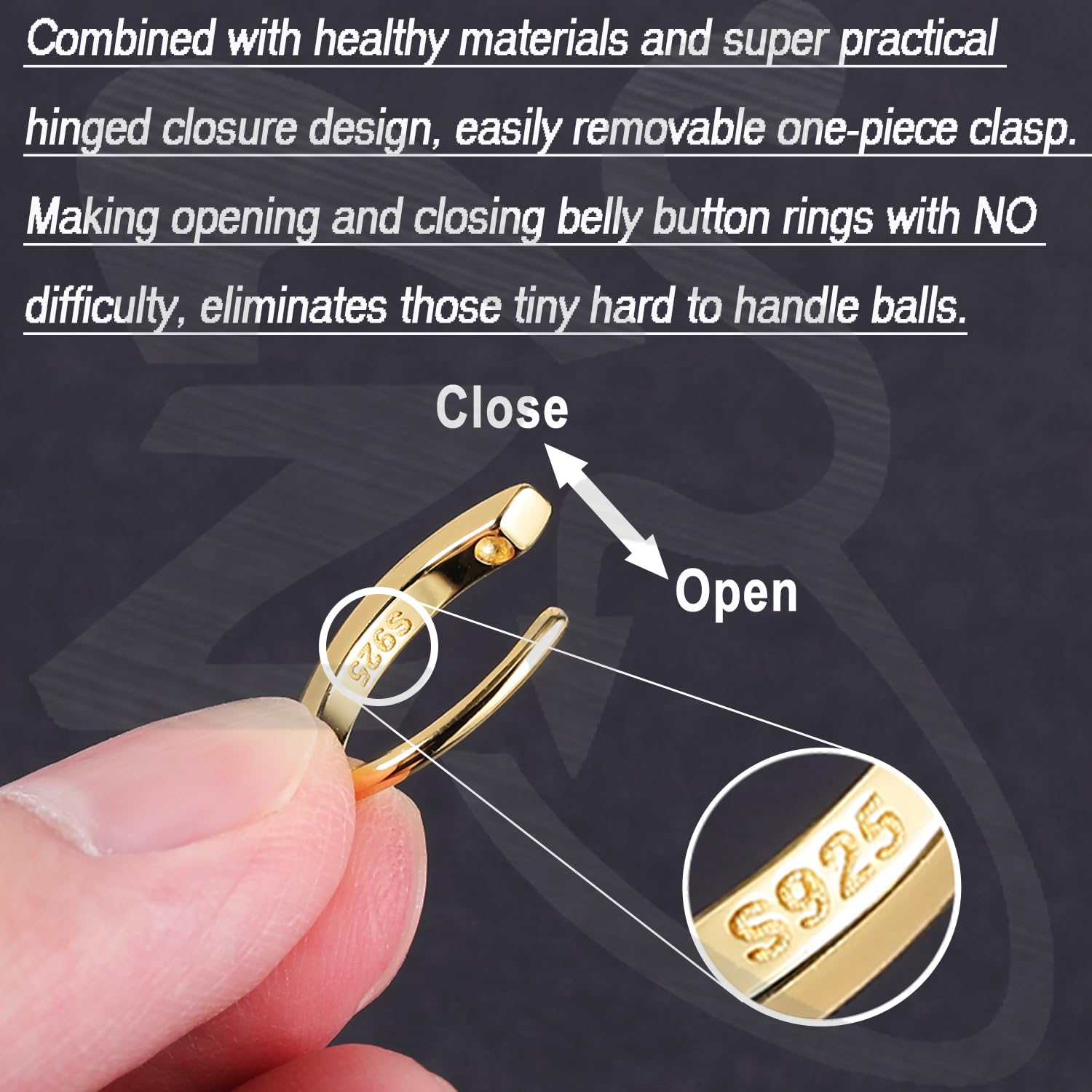 ZS 14G Clicker Belly Button Rings for Women, 925 Sterling Silver Belly Barbell Piercing Gold Reverse Curved Navel Barbell Body Jewelry (10mm)