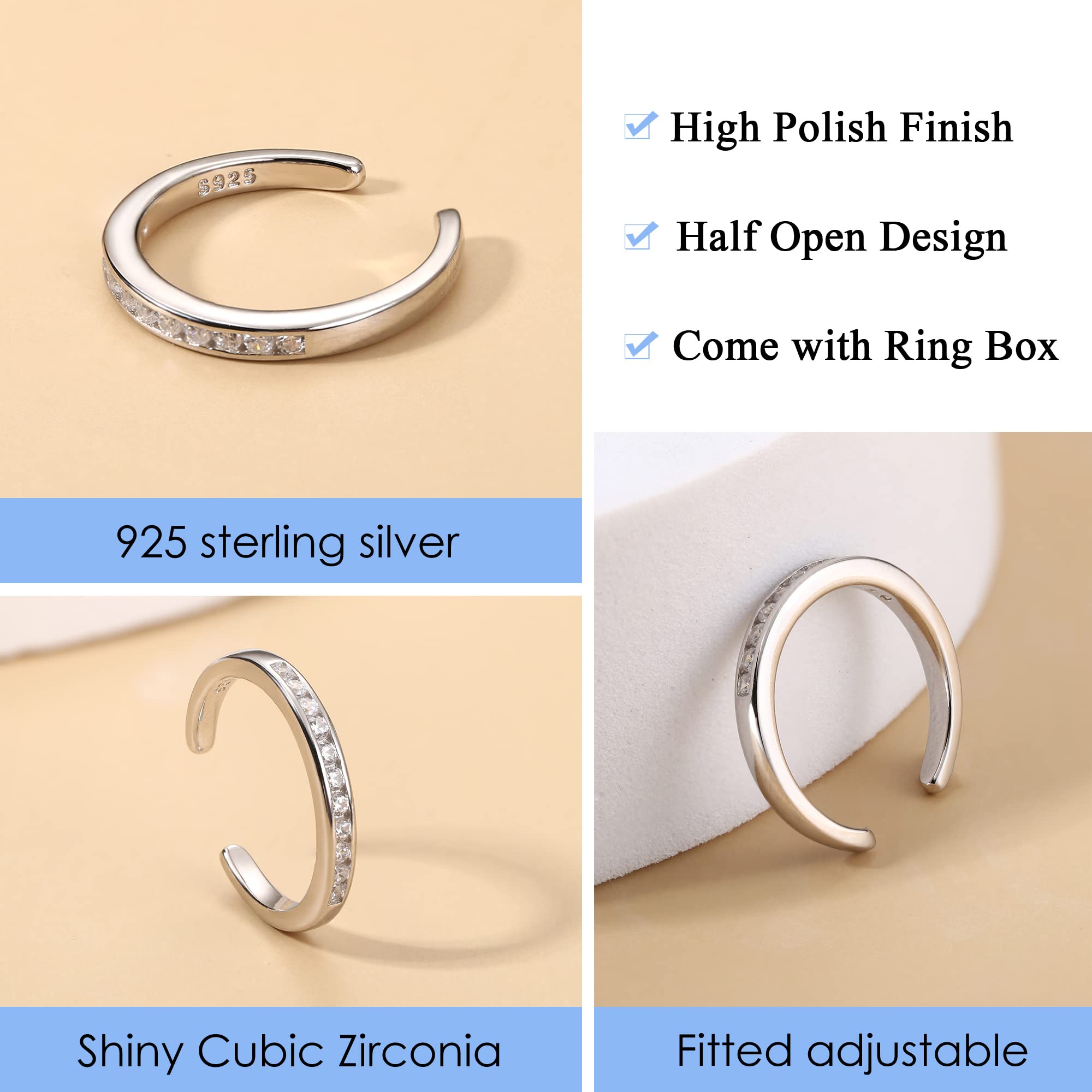 MILACOLATO 2Pcs Sterling Silver Toe Rings Set Cubic Zirconia Adjustable Band Rings Fitted Wrap Around Toe Ring for Women Summer Barefoot Jewelry | Silver