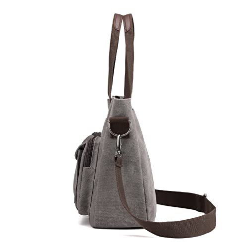 Women's Canvas Shoulder Crossbody Bag Small Tote Purse Multi-pocket Work Bags Top Handle Handbag (Gray)