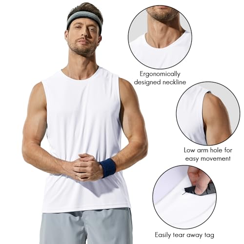 Haimont Sleeveless Shirts for Men Quick Dry Swim Muscle Tank Tops for Hiking Beach Running, White, S