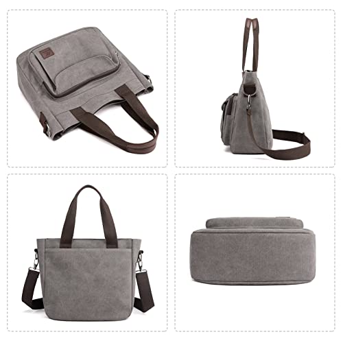 Women's Canvas Shoulder Crossbody Bag Small Tote Purse Multi-pocket Work Bags Top Handle Handbag (Gray)